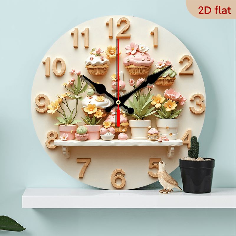 2D Flat 1pc 10Inch Wooden Clocks, Dessert Flower Shop Theme Design, 1pc Creative Fashion Wall ...