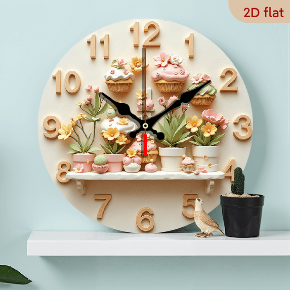 2D Flat 1pc 10Inch Wooden Clocks, Dessert Flower Shop Theme Design, 1pc ...