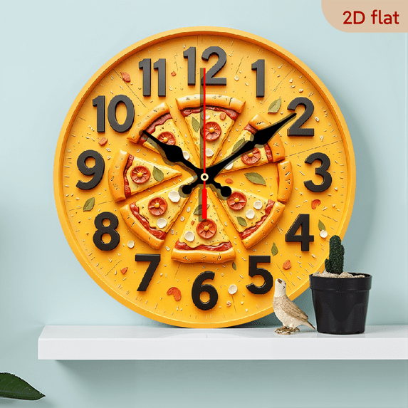 2D Flat 1pc 10Inch Wooden Creative Pizza-Shaped Wooden Wall Clock Quiet ...