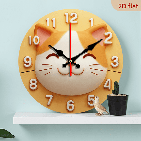 2D Flat 1pc 10Inch Wooden Cute Cat-Themed Wall Clock with Tabby Cat ...