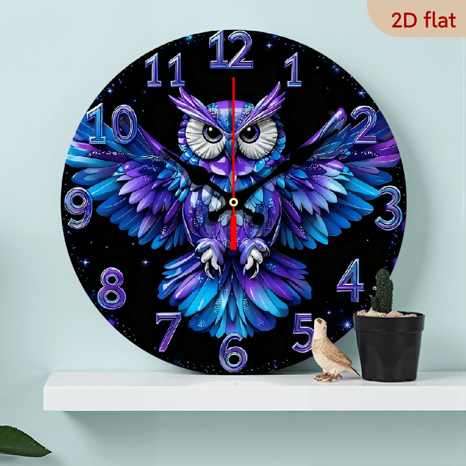 2D Flat 1pc 10Inch Wooden Dreamy Purple-Blue Owl Art Clock - Round ...