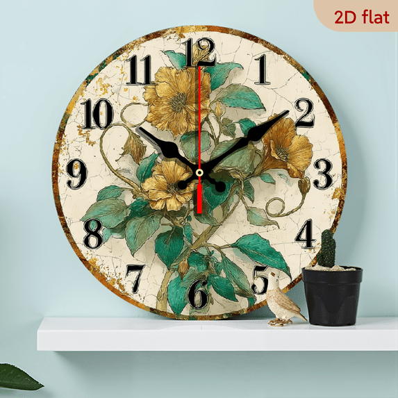 2D Flat 1pc 10Inch Wooden Elegant Golden Floral 2D Flat Wall Clock ...