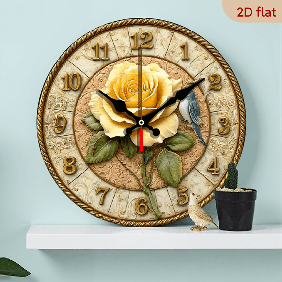 2D Flat 1pc 10Inch Wooden Elegant Modern Floral Wall Clock - Silent ...