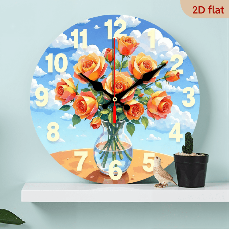 2D Flat 1pc 10Inch Wooden Elegant Modern Floral Wall Clock - Silent ...