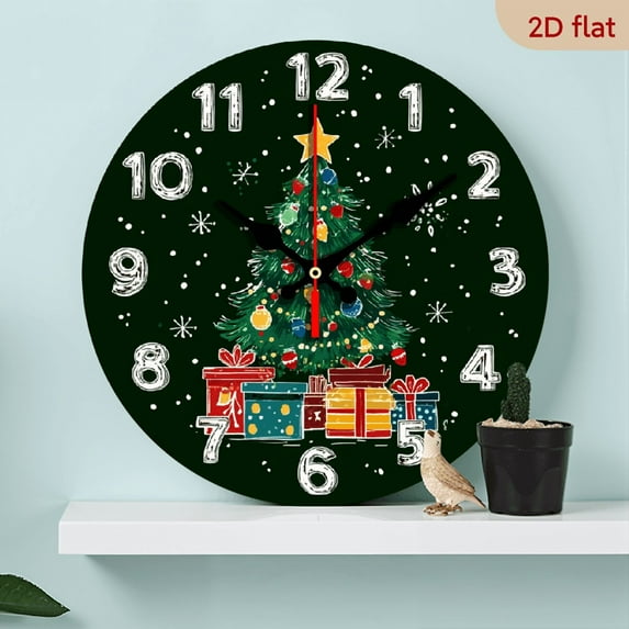2D Flat 1pc 10Inch Wooden Festive Christmas Tree Plaid Wall Clock ...