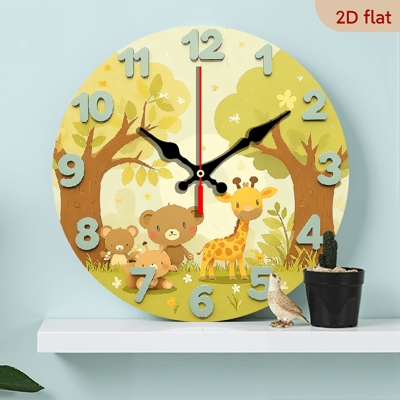 2D Flat 1pc 10Inch Wooden Forest Animal Wall Clock with Digital Display ...