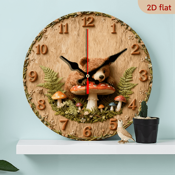 2D Flat 1pc 10Inch Wooden Forest Bear Mushroom Wooden Wall Clock, Round ...
