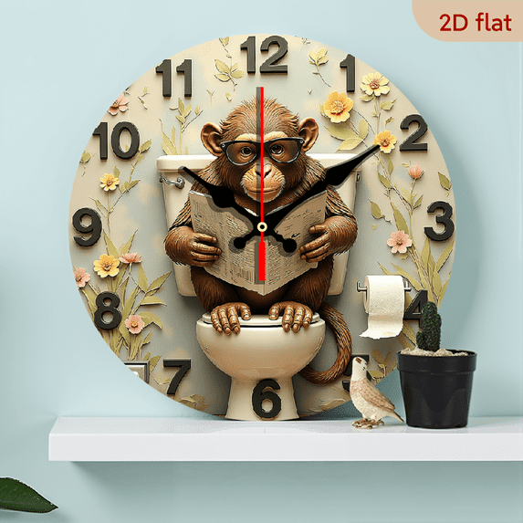 2D Flat 1pc 10Inch Wooden Funny Bathroom Decor Clock - Monkey Reading ...