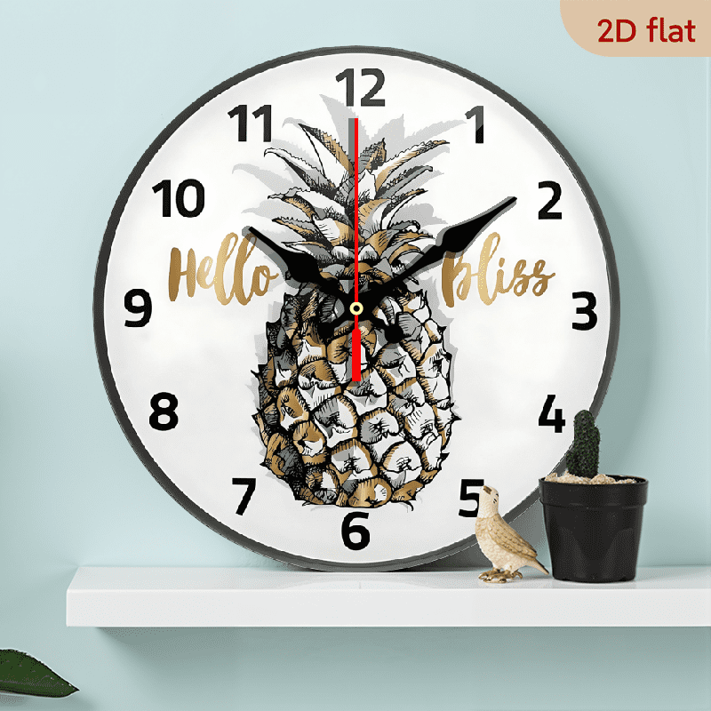 2D Flat 1pc 10Inch Wooden Gold Pineapple Fruit Quote Wall Clock Battery ...