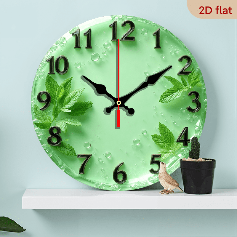 2D Flat 1pc 10Inch Wooden Green Botanical Leaf Wall Clock - Wood Round ...