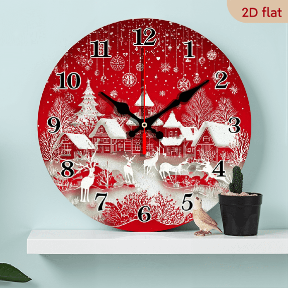 2D Flat 1pc 10Inch Wooden Happy Christmas Town Style Wooden Wall Clock ...