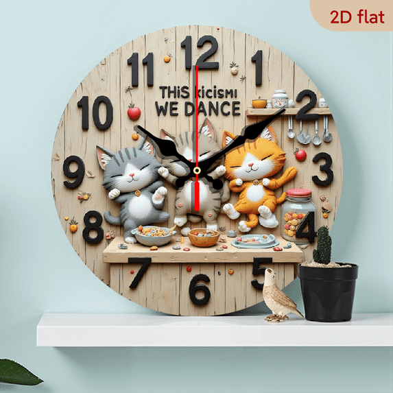 2D Flat 1pc 10Inch Wooden Kitchen Cat Clock - Round Wooden Wall Clock ...
