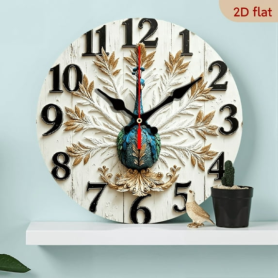 2D Flat 1pc 10Inch Wooden Large Peacock Wall Clock with Roman Numerals ...