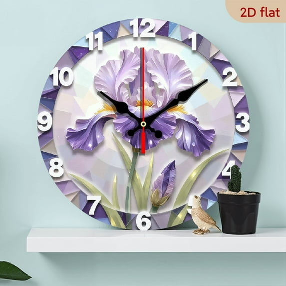 2D Flat 1pc 10Inch Wooden Modern Floral Iris Purple Pink Clock - Silent ...