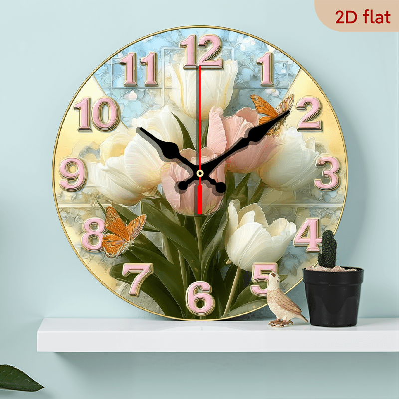 2D Flat 1pc 10Inch Wooden Modern Floral Wall Clock - Pastel Pink Green ...