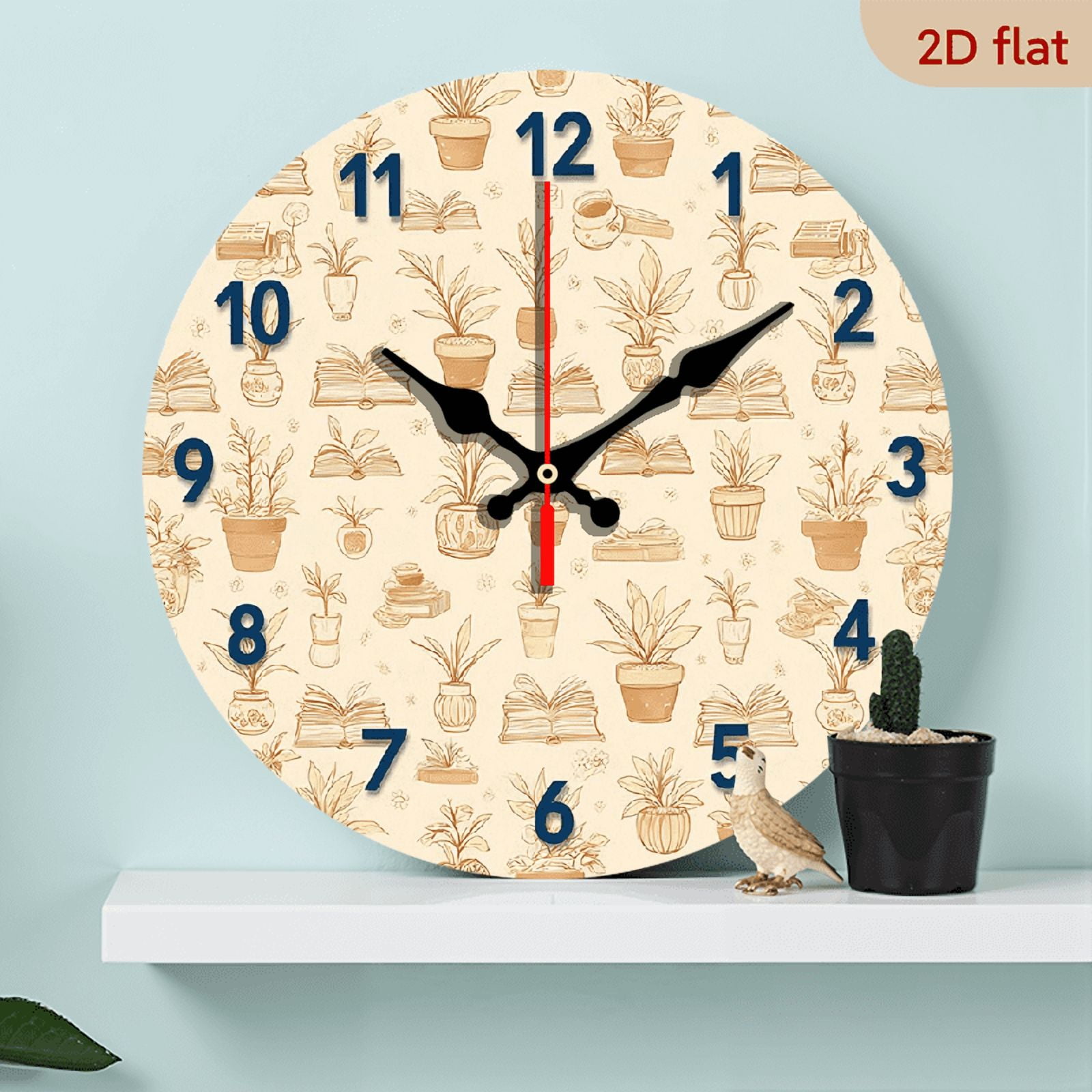 2D Flat 1pc 10Inch Wooden Modern Minimalist Plant Book Wall Clock ...