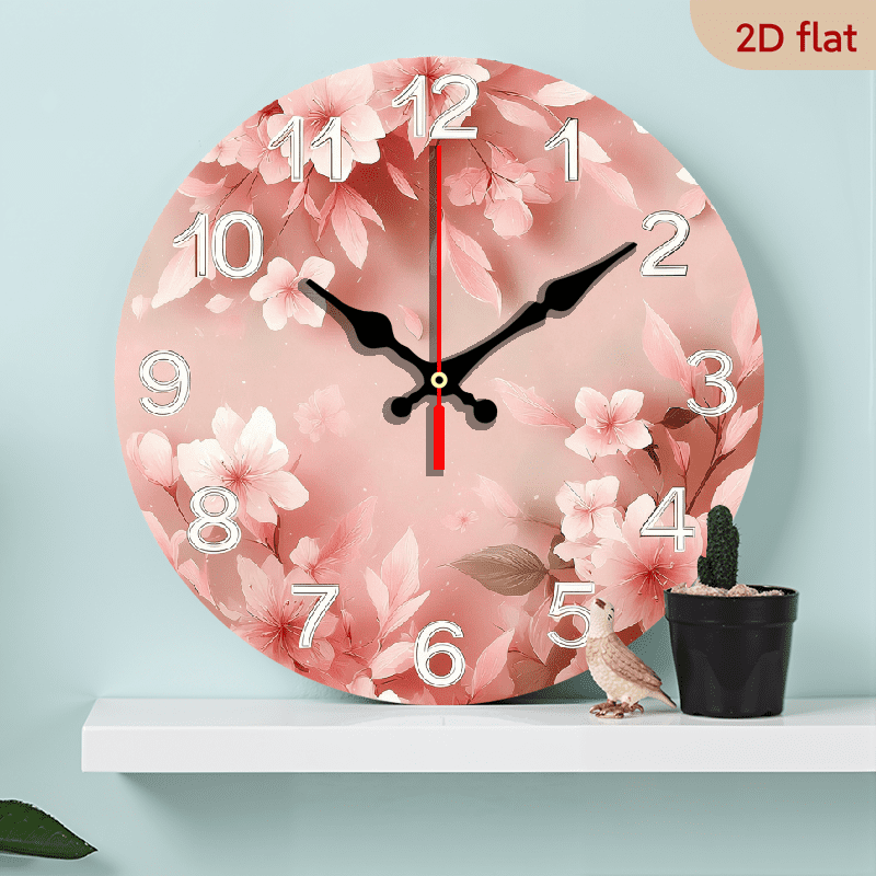 2D Flat 1pc 10Inch Wooden Modern Pink Floral Wall Clock - Silent Non ...