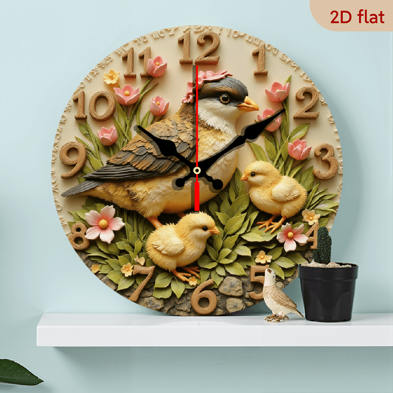 2D Flat 1pc 10Inch Wooden Mother Hen Chicks Floral Resin Wall Clock ...