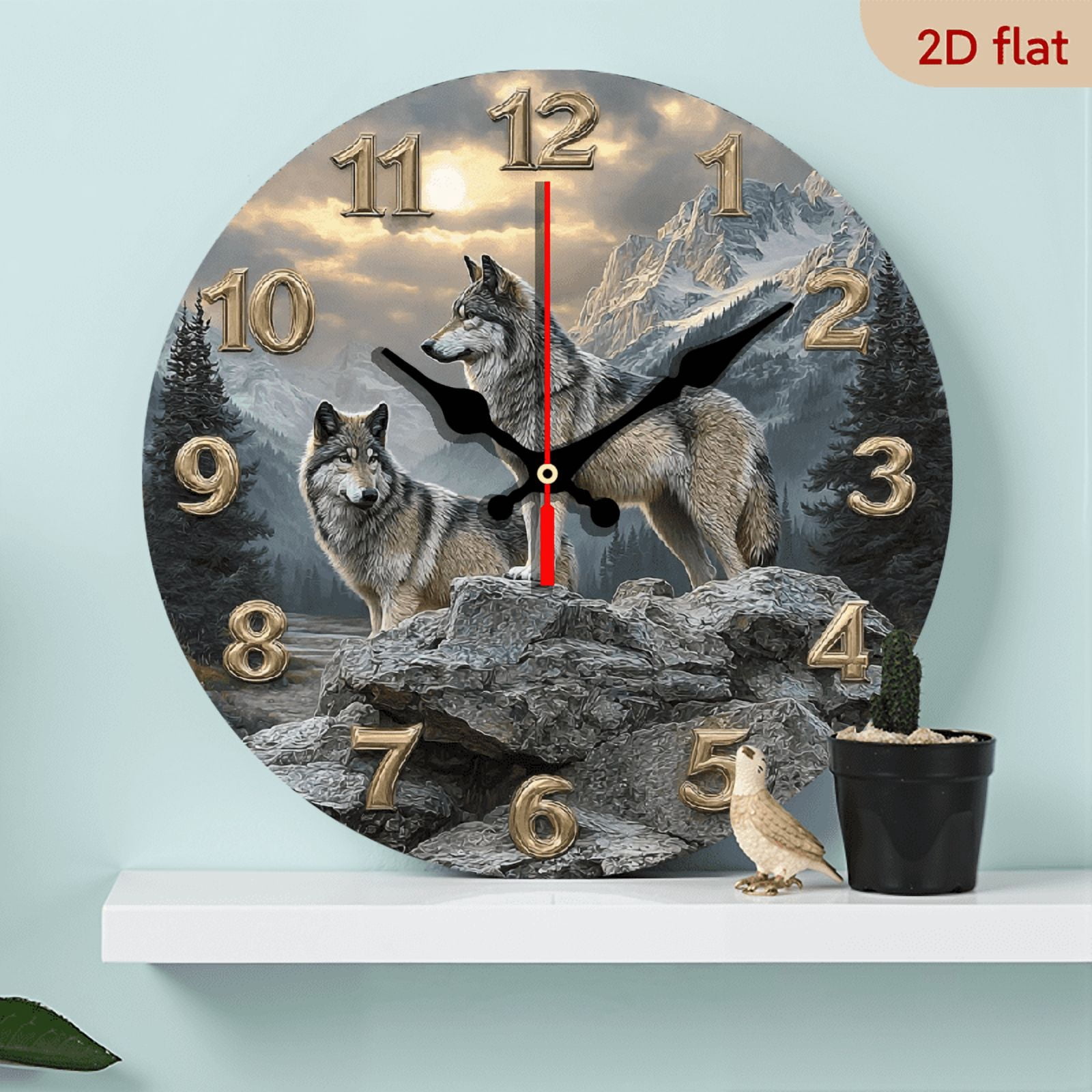 2D Flat 1pc 10Inch Wooden Mountain Wolf Pack Stone Wall Clock Silent ...