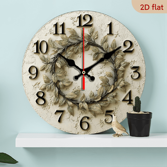 2D Flat 1pc 10Inch Wooden Natural Style Wooden Wall Clock Simple Leaf ...