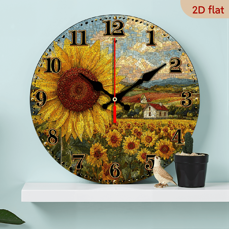 2D Flat 1pc 10Inch Wooden Nature Sunflower Field Clocks, Round Non ...