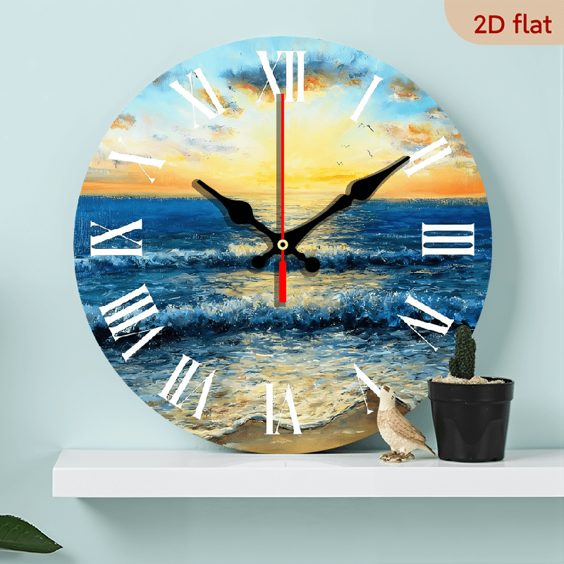 2D Flat 1pc 10Inch Wooden Nautical Coastal Wall Clock 'Morning Light On ...
