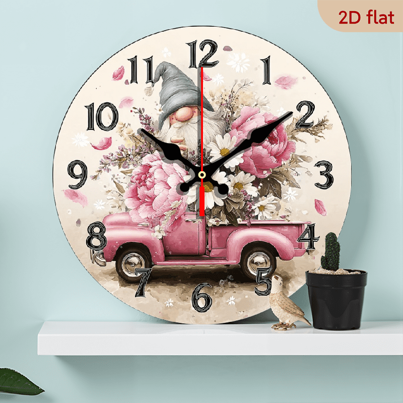 2D Flat 1pc 10Inch Wooden Non-Ticking Wooden Wall Clock with Gnome Pink ...