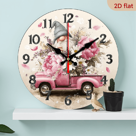 2D Flat 1pc 10Inch Wooden Non-Ticking Wooden Wall Clock with Gnome Pink ...