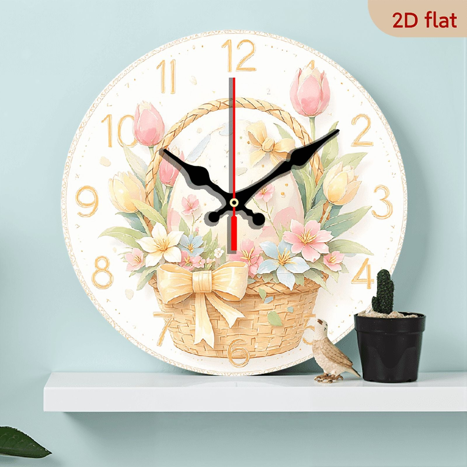 2D Flat 1pc 10Inch Wooden Pastel Pink Golden Floral Egg Wall Clock with ...