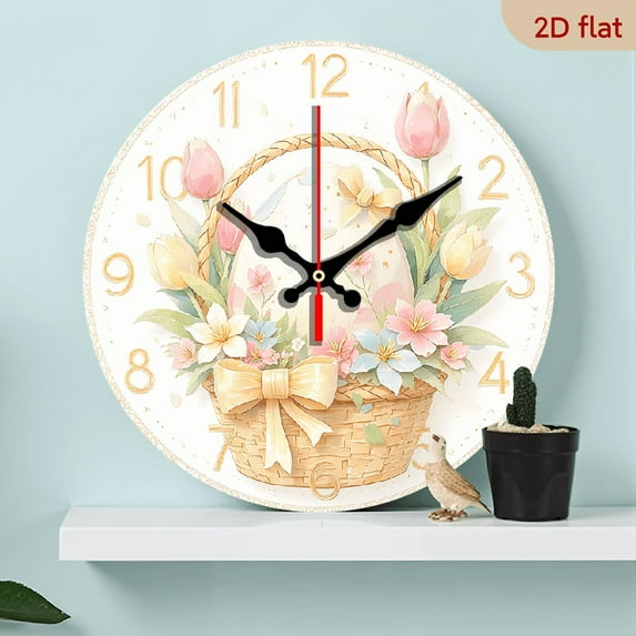 2D Flat 1pc 10Inch Wooden Pastel Pink Golden Floral Egg Wall Clock with ...