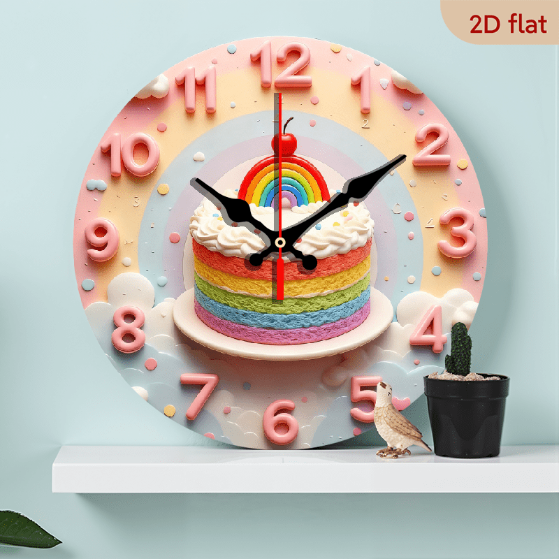 2D Flat 1pc 10Inch Wooden Pastel Pink Rainbow Round Wall Clock with ...