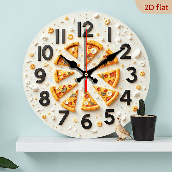 2D Flat 1pc 10Inch Wooden Pizza-Themed Wall Clock with Pizza Slice ...