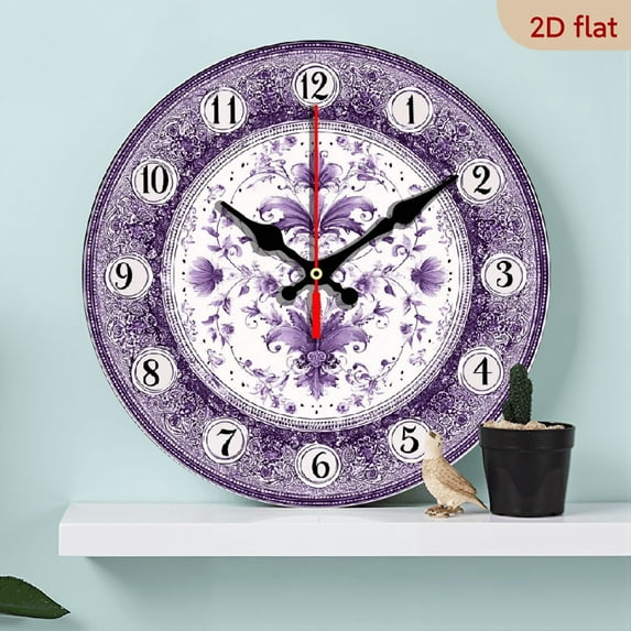 2D Flat 1pc 10Inch Wooden Purple Floral Silent Wall Clock - Elegant ...