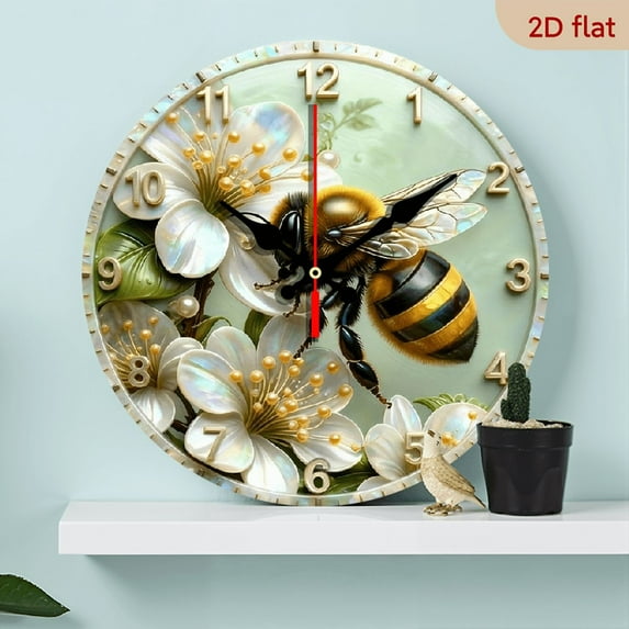 2D Flat 1pc 10Inch Wooden Quiet Swiss Quartz Wall Clock with Pearly Bee ...