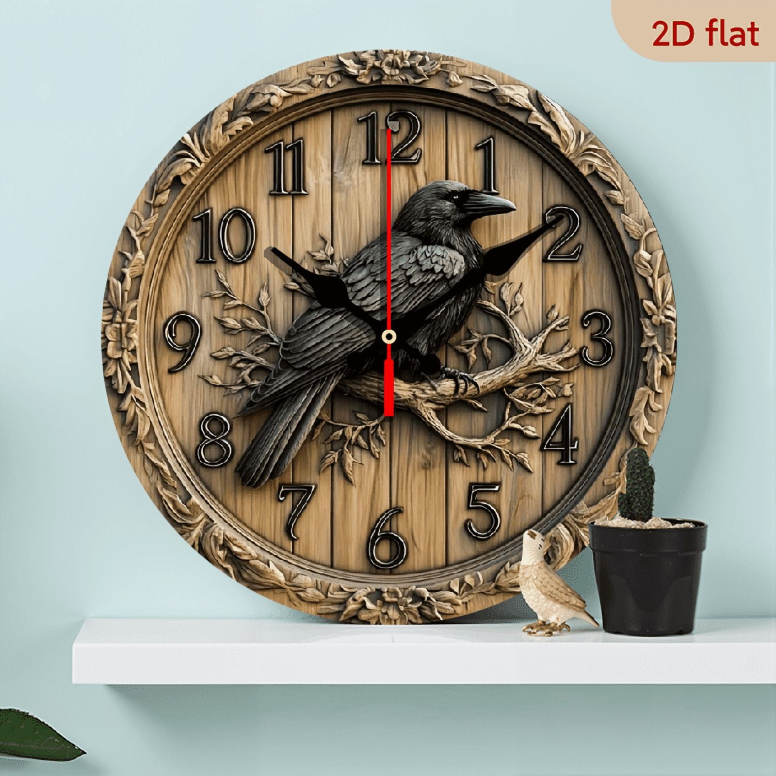 2D Flat 1pc 10Inch Wooden Raven-Themed Wooden Round Wall Clock ...