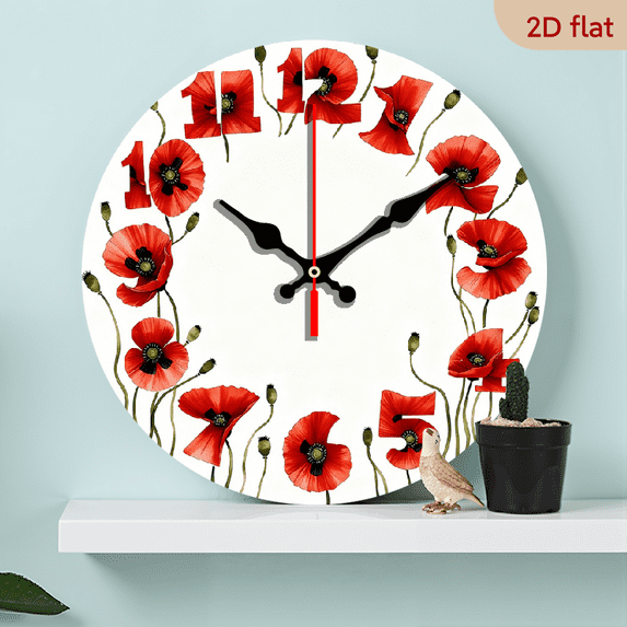 2D Flat 1pc 10Inch Wooden A Red Poppy Silent Wall Clock - 10Inch Round ...