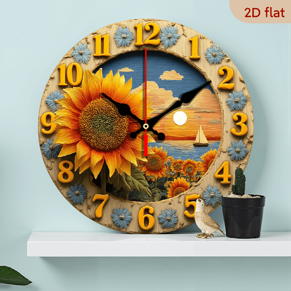 2D Flat 1pc 10Inch Wooden Retro Sunflower Wall Clock - Vibrant 2D Flat ...