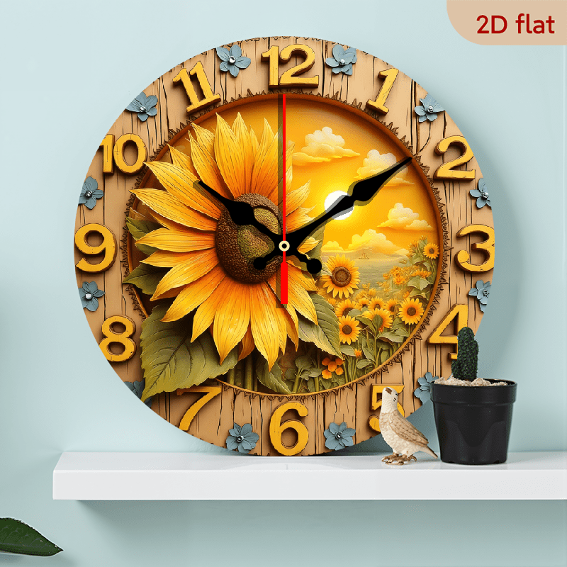 2D Flat 1pc 10Inch Wooden Retro Sunflower Wall Clock - Vibrant 2D Flat ...