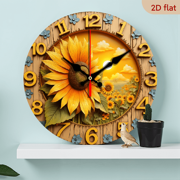 2D Flat 1pc 10Inch Wooden Retro Sunflower Wall Clock - Vibrant 2D Flat ...