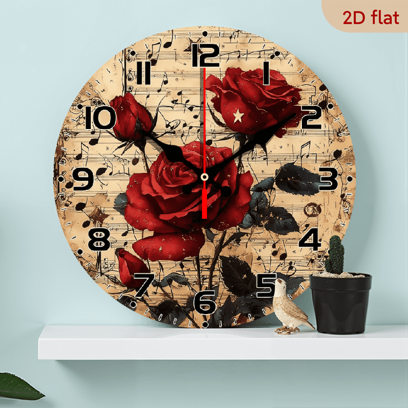 2D Flat 1pc 10Inch Wooden Rose on the Score Silent Wall Clock ...