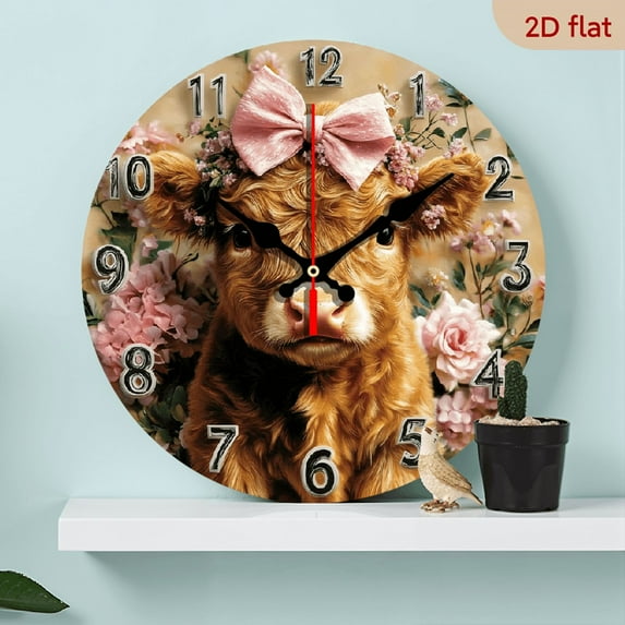 2D Flat 1pc 10Inch Wooden Round Clock Featuring a Highland Cow Theme ...