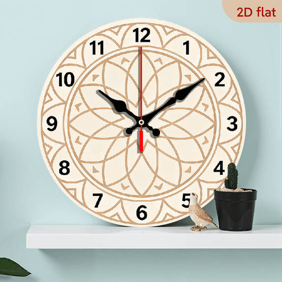 2D Flat 1pc 10Inch Wooden Round Mandala Wall Clock with Beige Golden ...