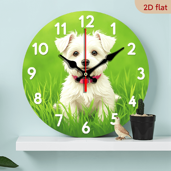 2D Flat 1pc 10Inch Wooden Round Wall Clock with Cute White Puppies on ...