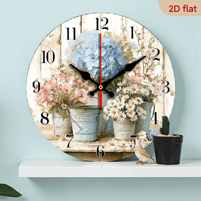 2D Flat 1pc 10Inch Wooden Rustic Floral Buckets Design Non-Ticking ...