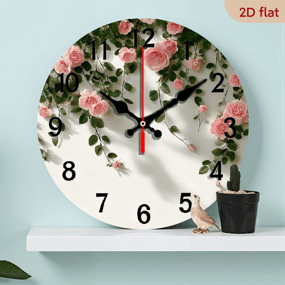 2D Flat 1pc 10Inch Wooden Rustic Rose Blossom 10-inch Silent Wall Clock ...