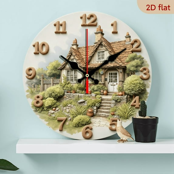 2D Flat 1pc 10Inch Wooden Silent Non-Ticking Wall Clock with 2D Cottage ...