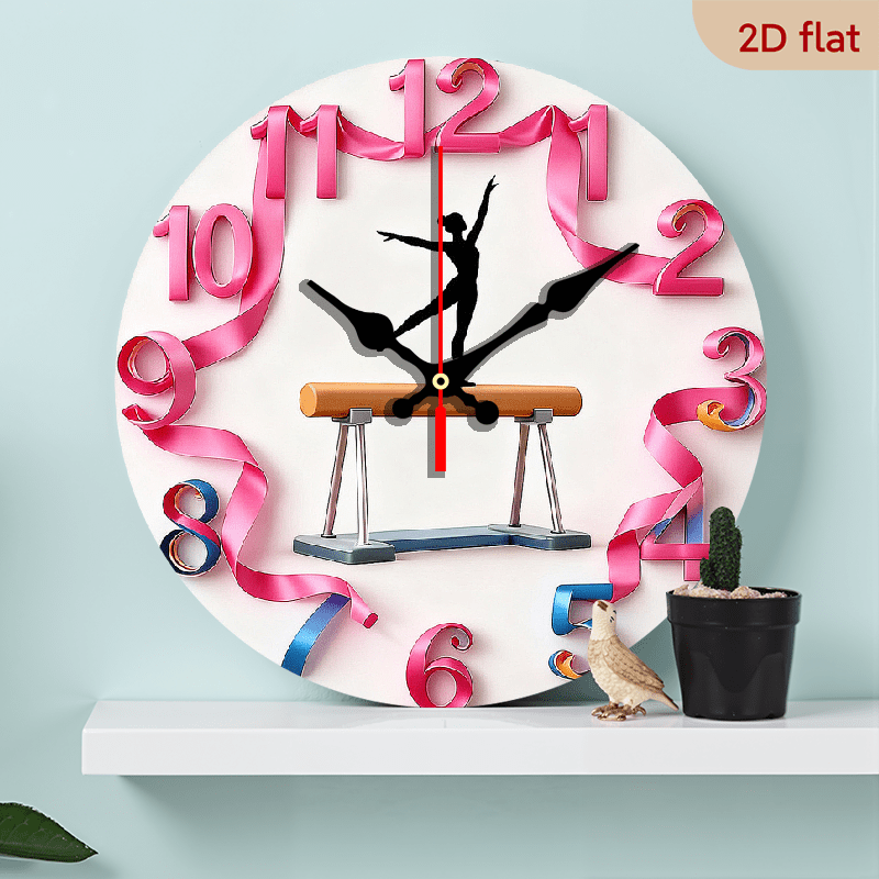 2D Flat 1pc 10Inch Wooden Silent Round Wall Clock with Gymnast Balance ...