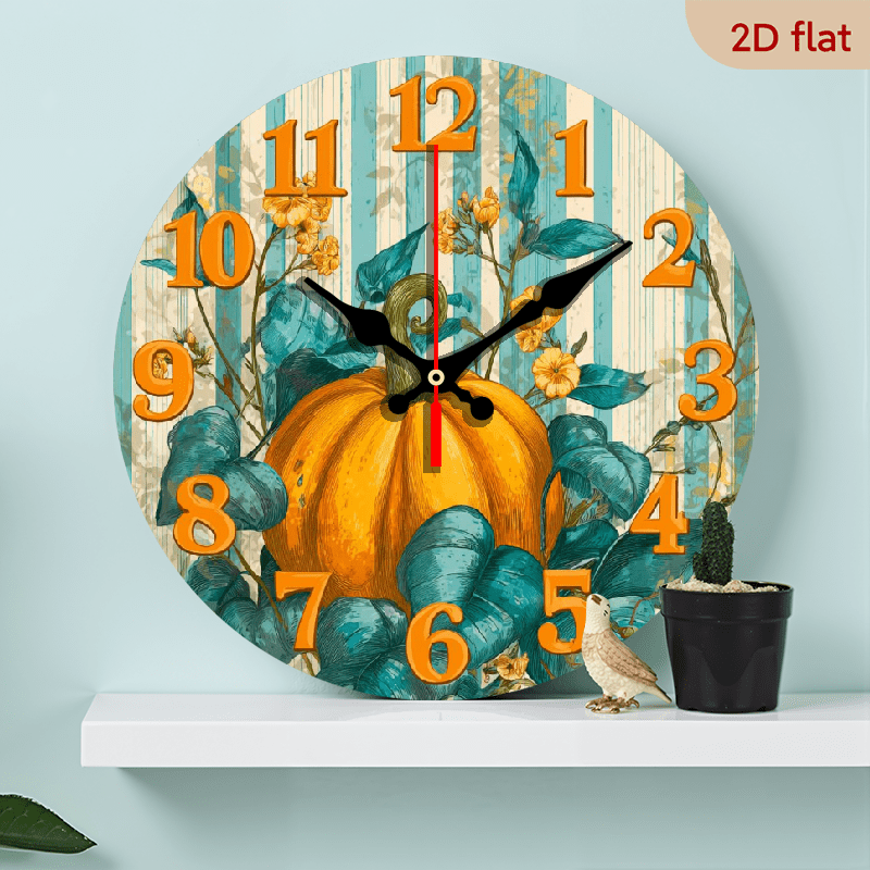 2D Flat 1pc 10Inch Wooden Silent Wall Clock Autumn Pumpkin Wall Clock ...