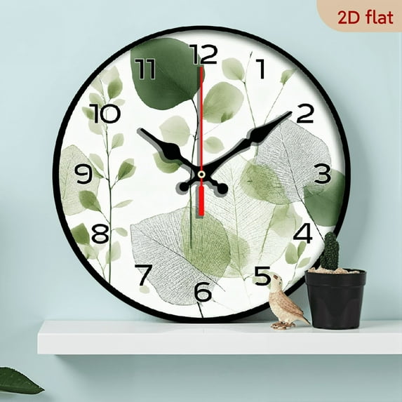 2D Flat 1pc 10Inch Wooden Silent Wall Clock - Print with Green Leaf ...