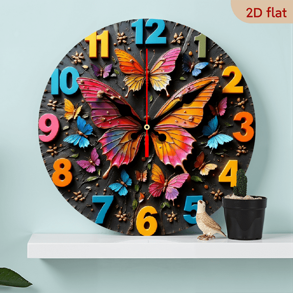 2D Flat 1pc 10Inch Wooden Silent Wall Clock with Vibrant Butterfly ...